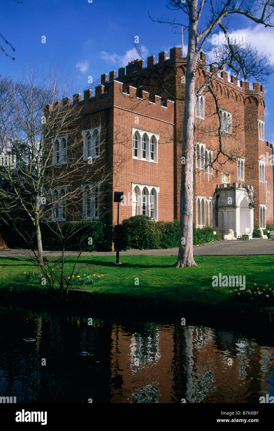 Square red brick historical building Stepped parapet Front door Tall ...