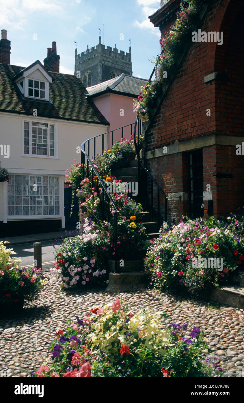 Town Old houses painted plaster walls Cobbled street Flowers in bloom ...