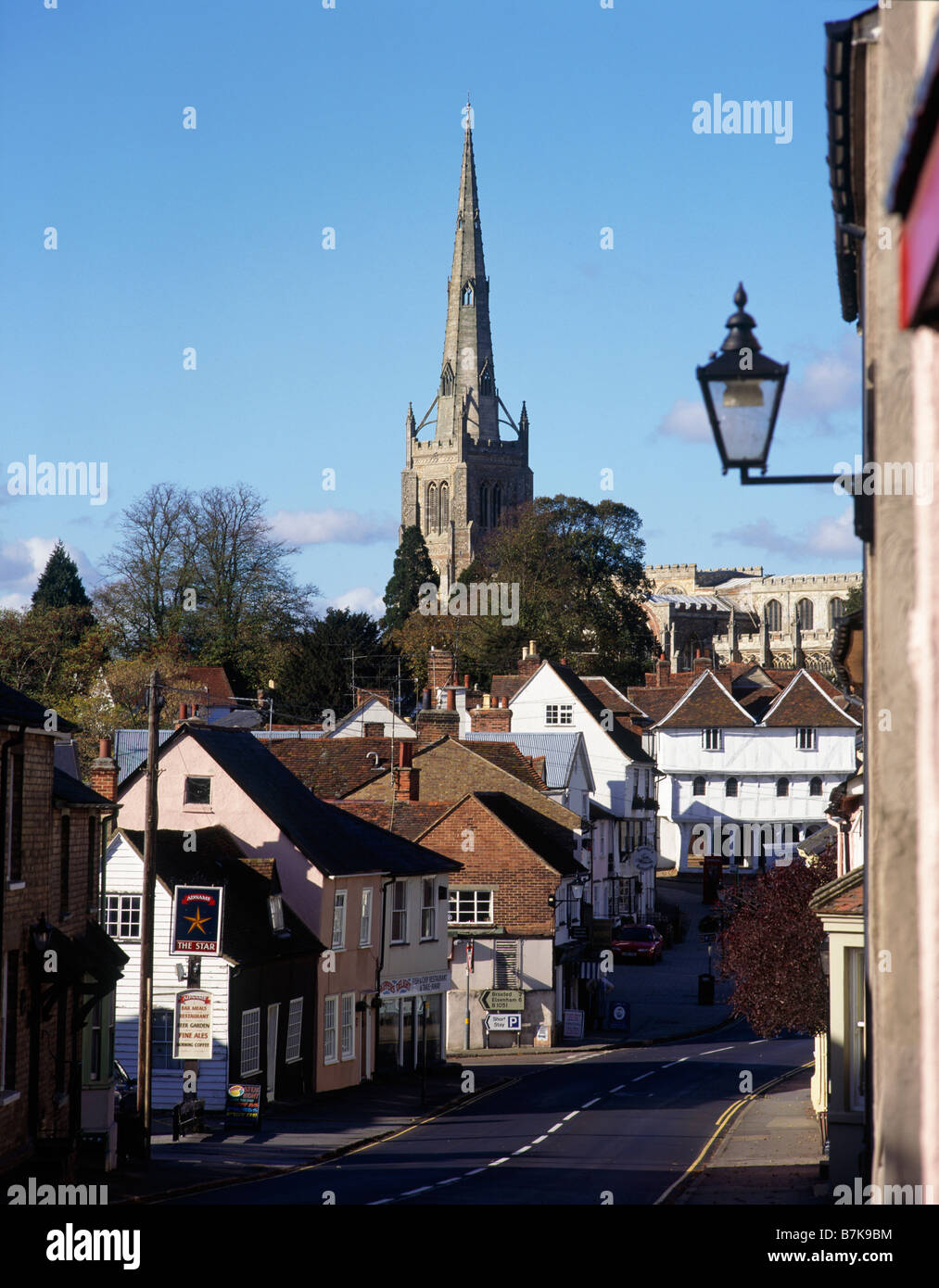 Wool town Medieval centre Houses Church spire THAXTED ESSEX ENGLAND ...