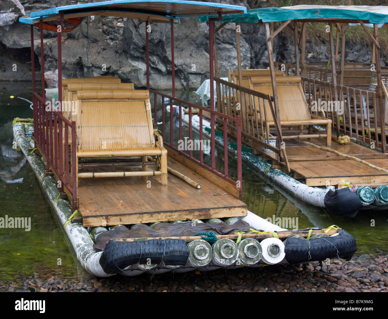 Modern days bamboo raft used to plough the Li River, Yangshuo China ...