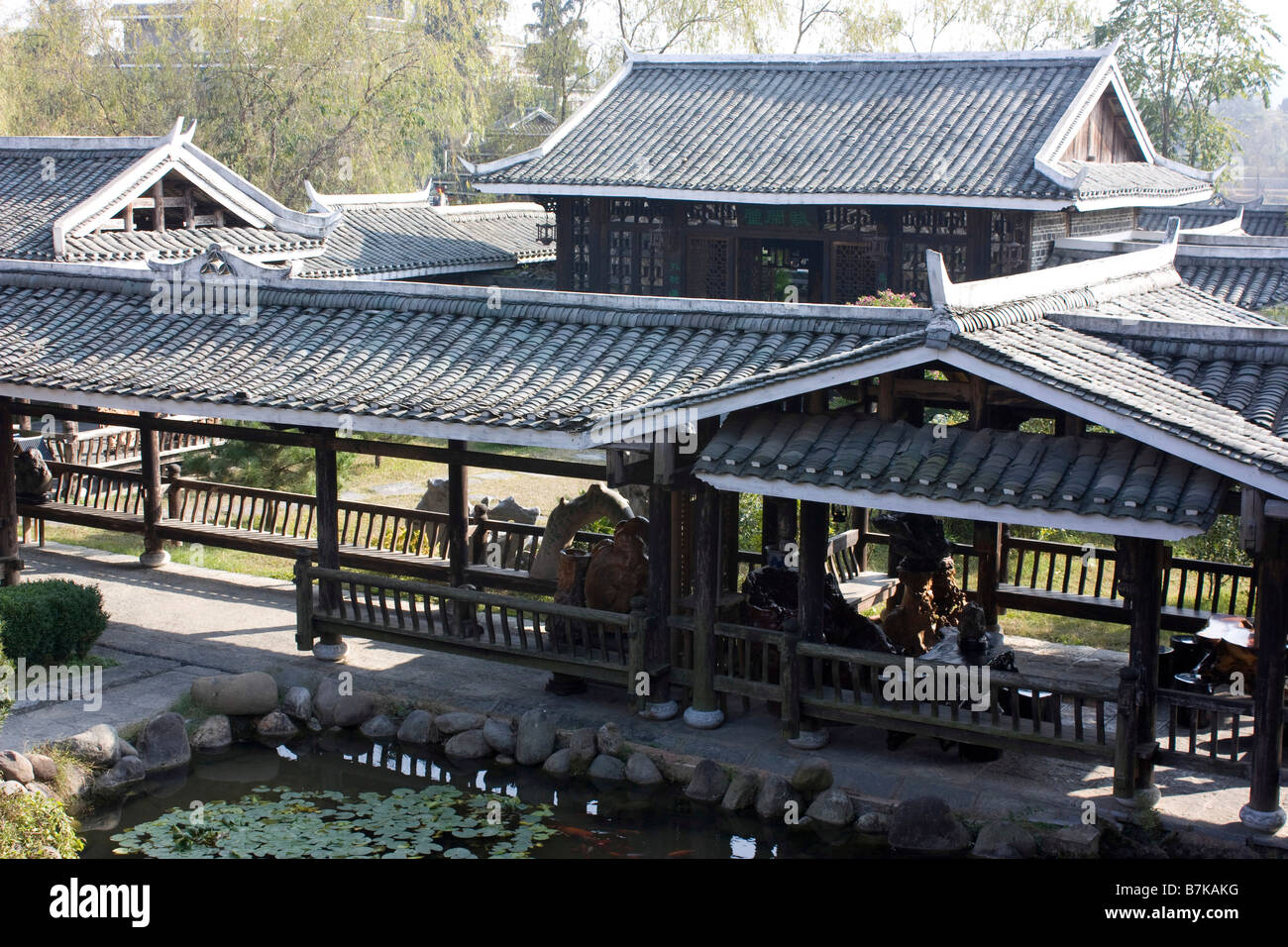 The view of a traditional long corridors typical of Chinese buildings ...