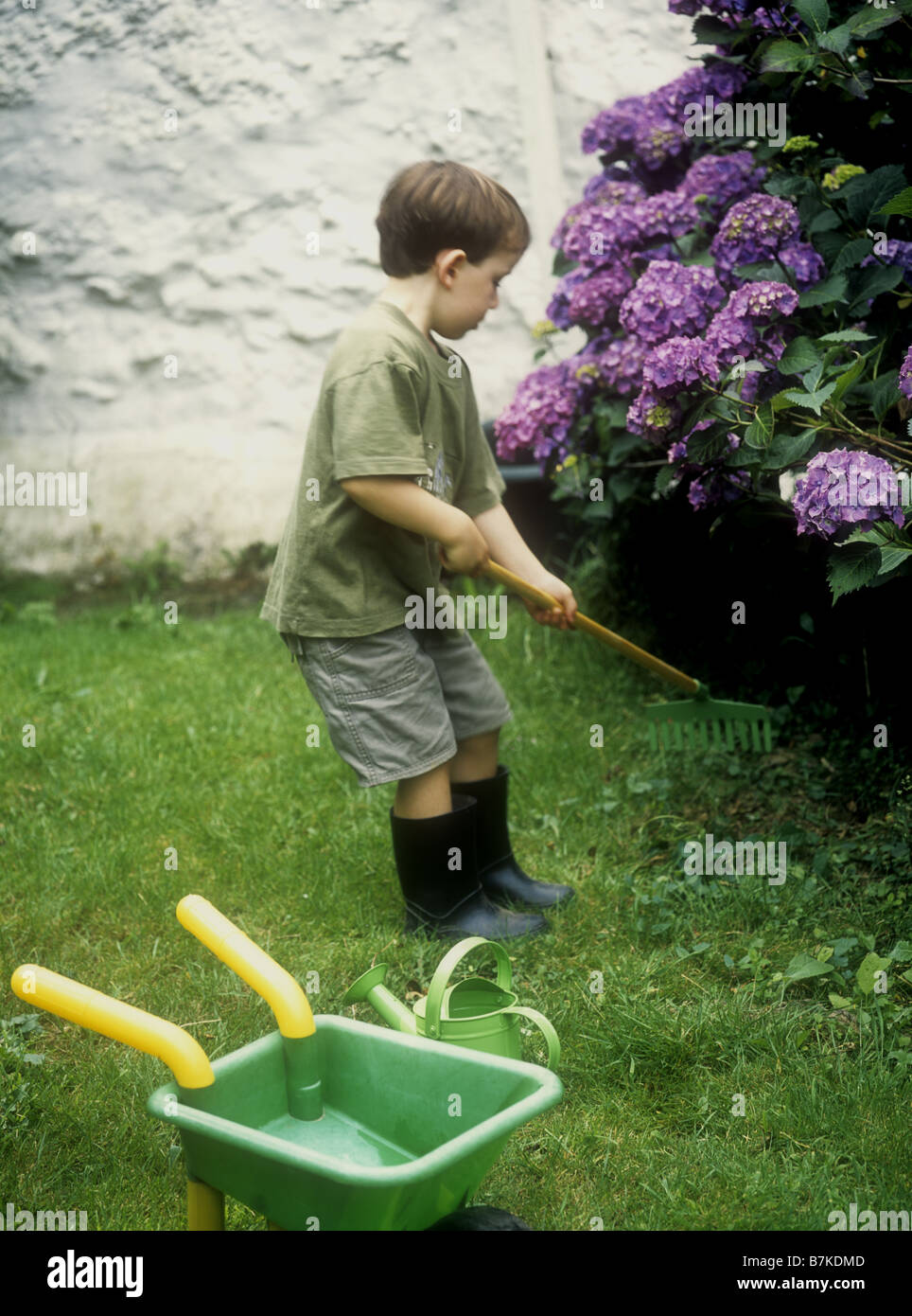 Young boy playing with a rake in a garden Stock Photo - Alamy