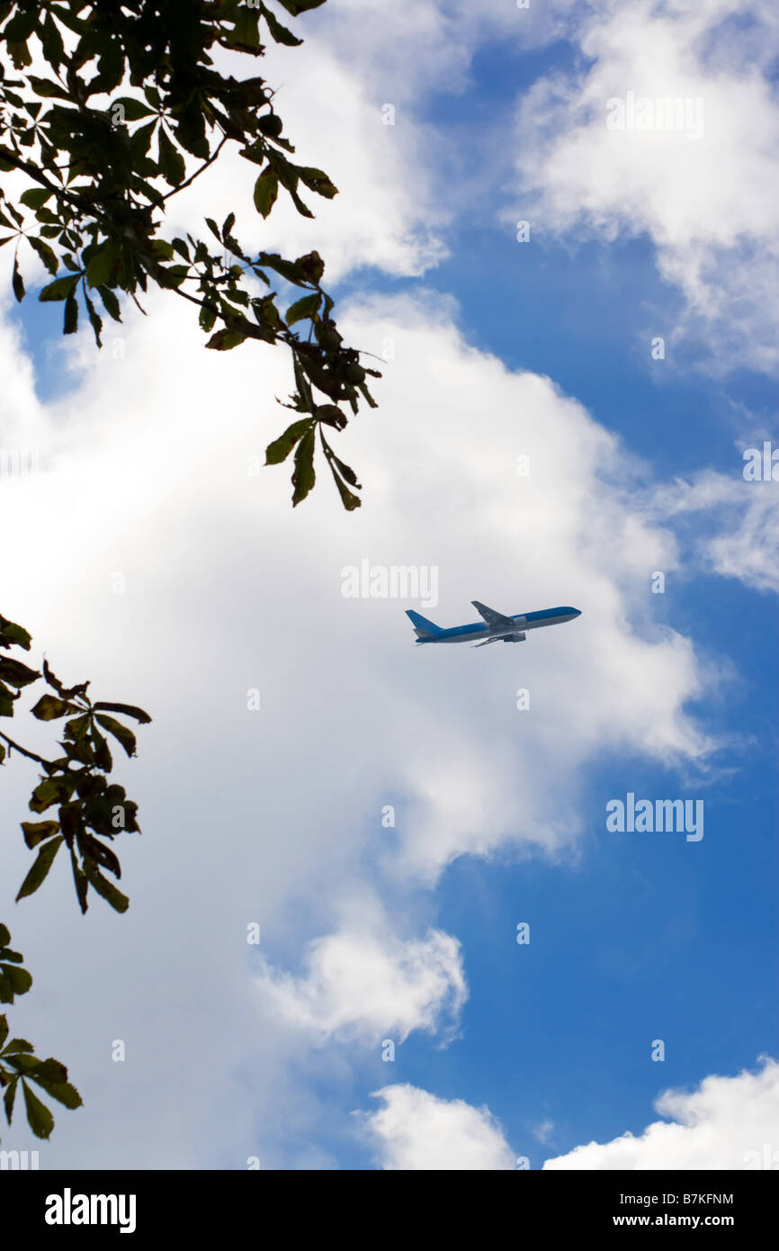 Passenger jet aircraft climbing after takeoff framed by green leaves ...