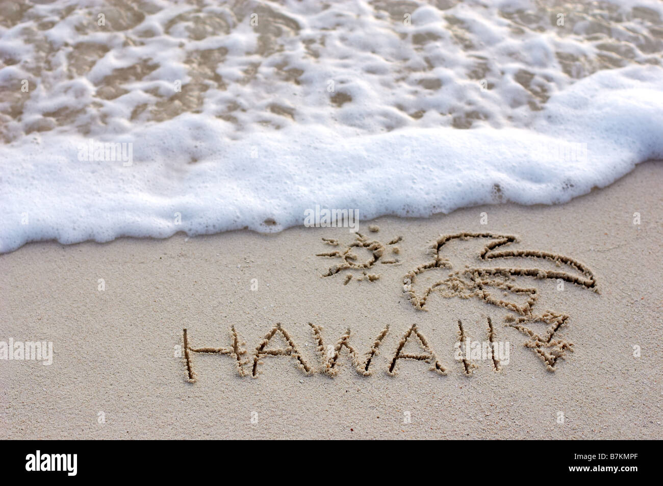 Nice Hawaii note written on white sand with ocean waves on background ...