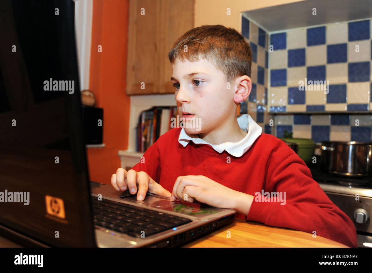 An eight year old boy uses the laptop to do his homework in the kitchen ...
