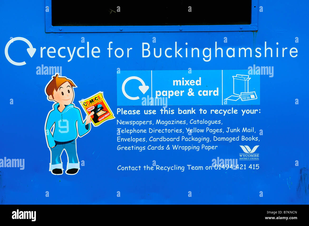 Paper and card recycling bin, Bucks, UK Stock Photo - Alamy