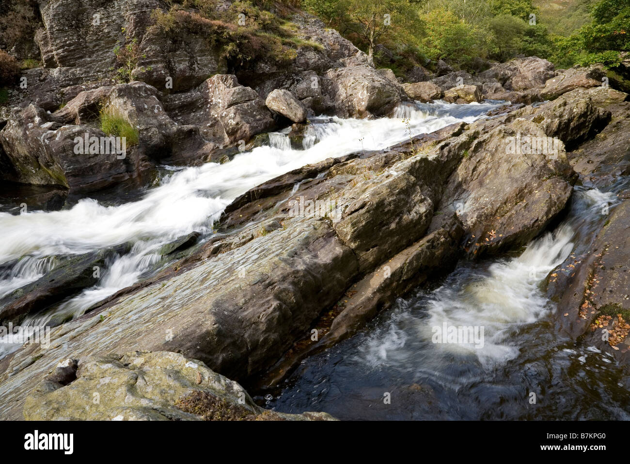 River Tywi flowing through a narrow rocky cleft below Craig Clungwyn ...