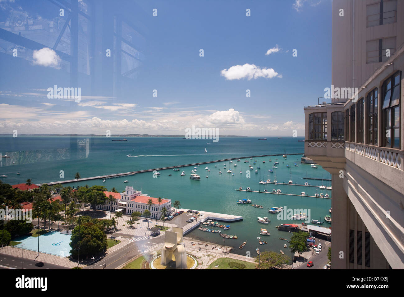 View from hotel window of marina and harbor on the coast of Brazil ...