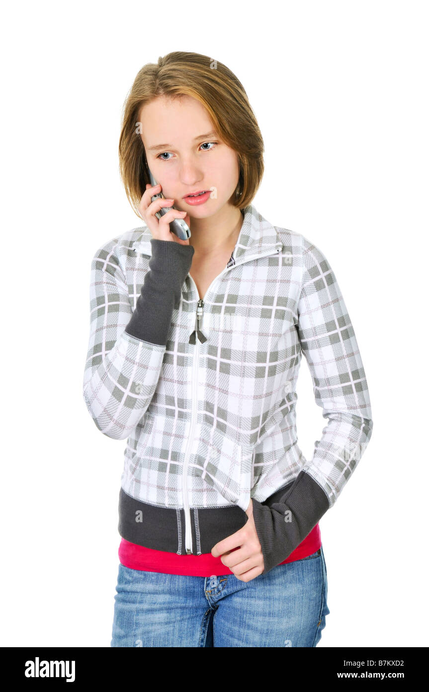 Teenage girl talking on a cell phone isolated on white background Stock ...