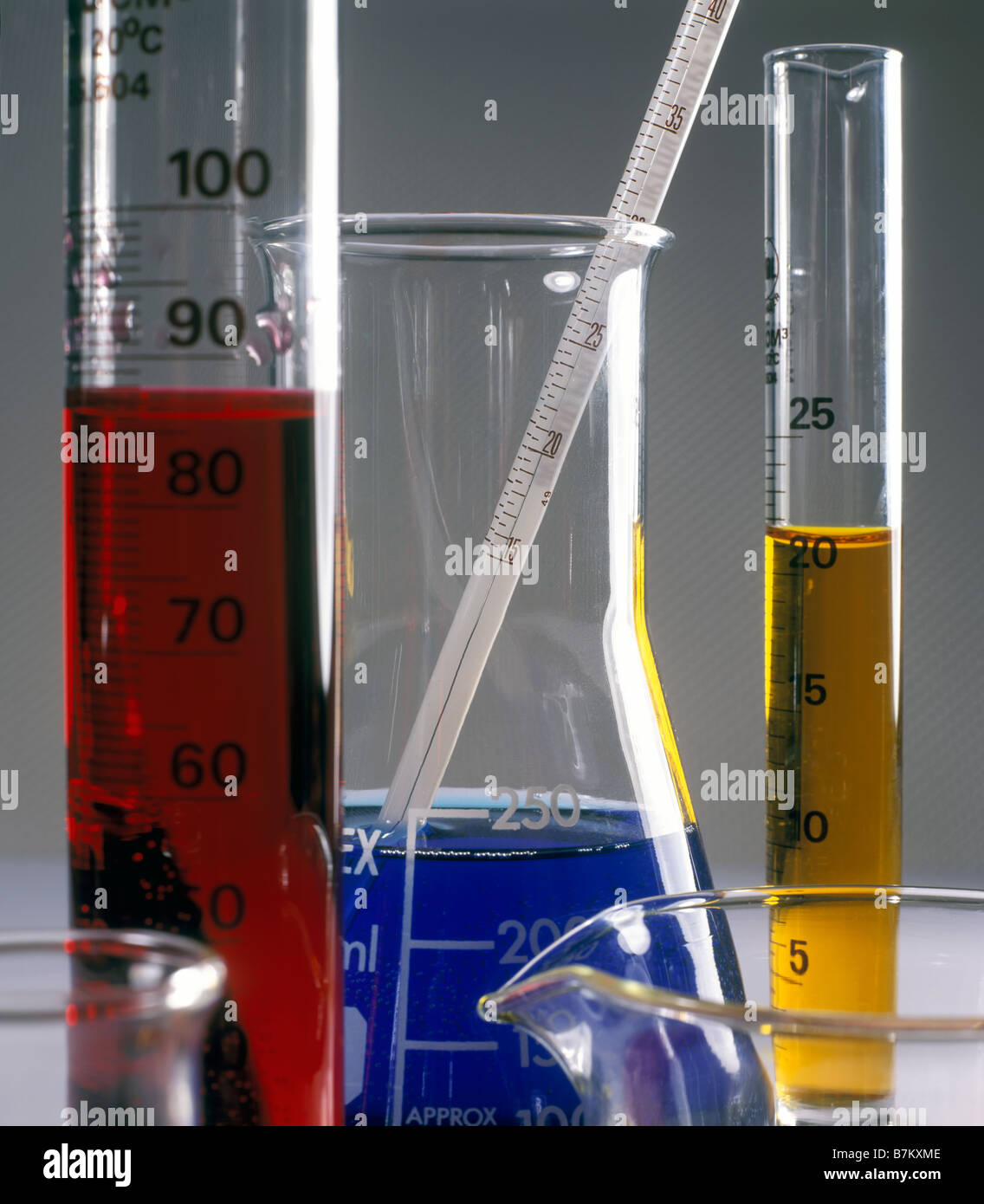Chemical flasks and thermometer Stock Photo - Alamy