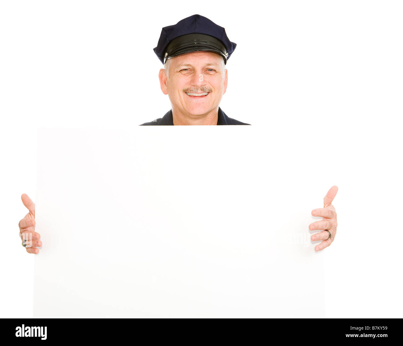 Handsome mature police officer or security guard holding a blank white ...