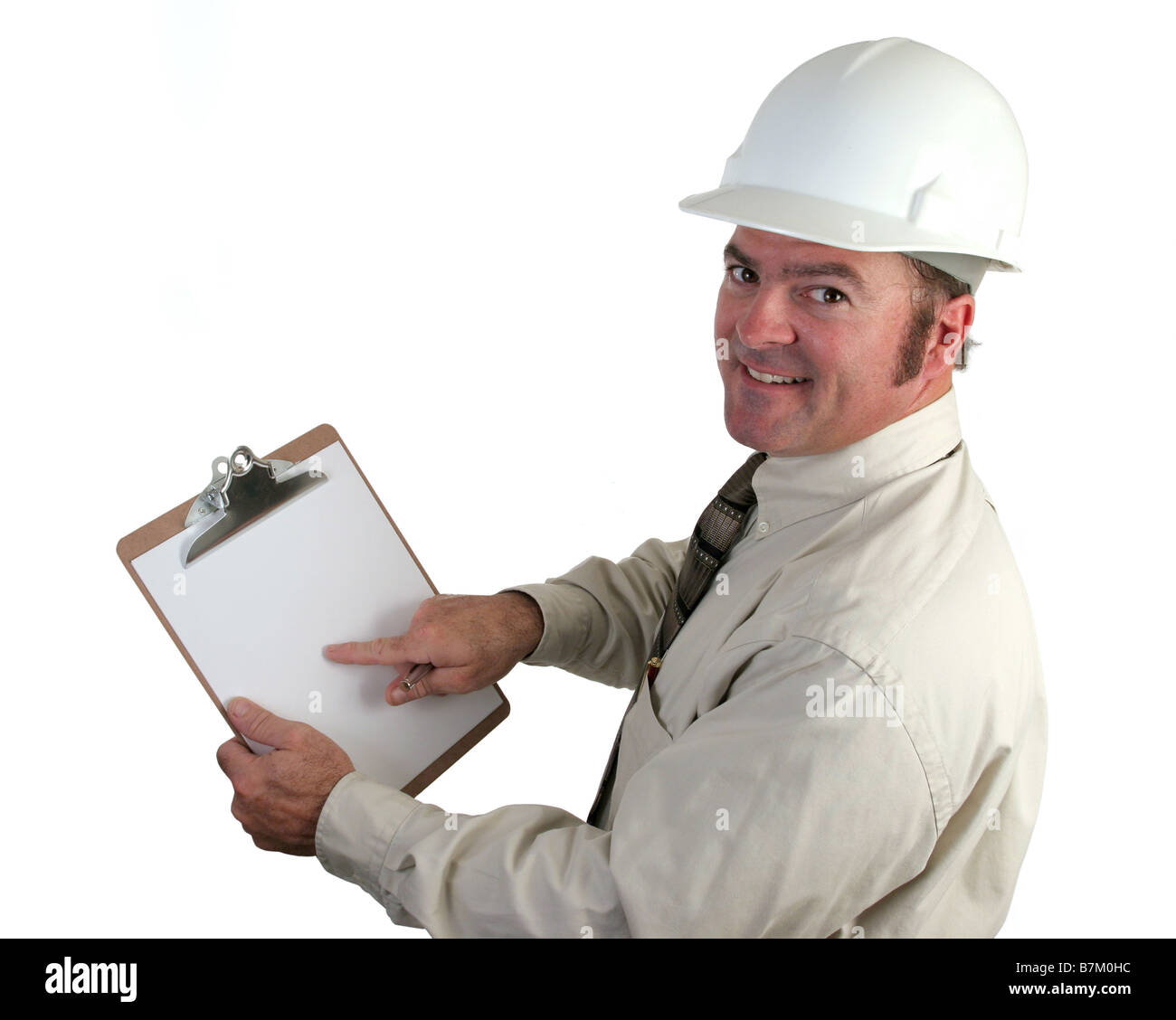 A construction supervisor happy pointing out a good report isolated ...