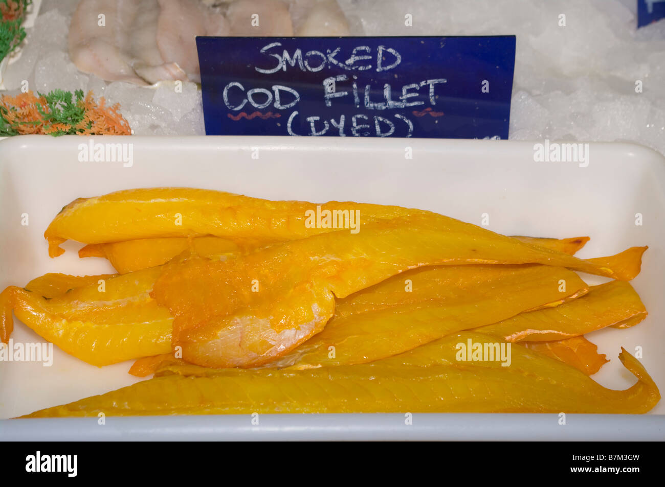 Dyed Smoked Cod Fillets Fresh Fish Counter Display Stock Photo - Alamy