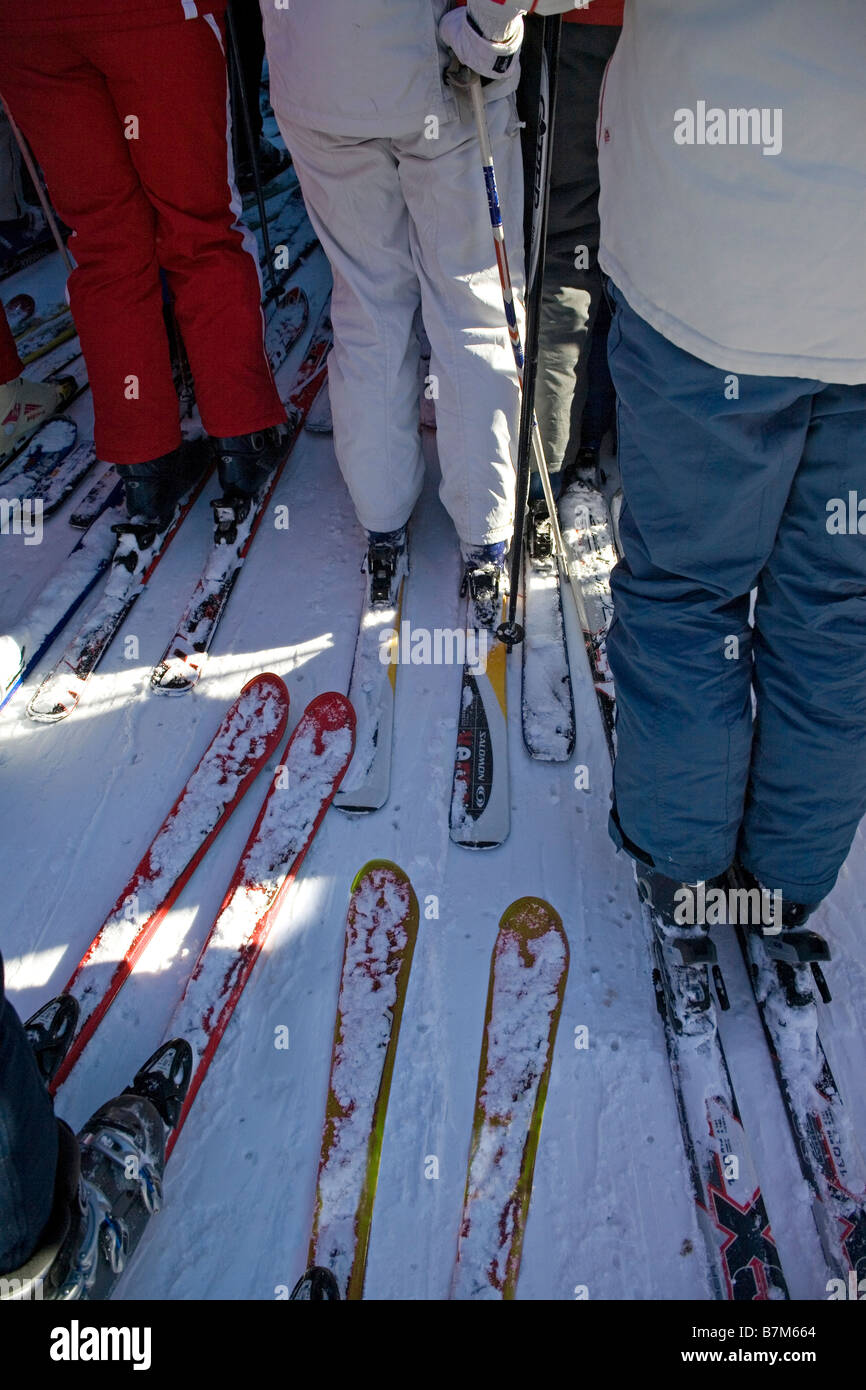 Ski queue line People queuing for the ride with ski chairlift Stock ...