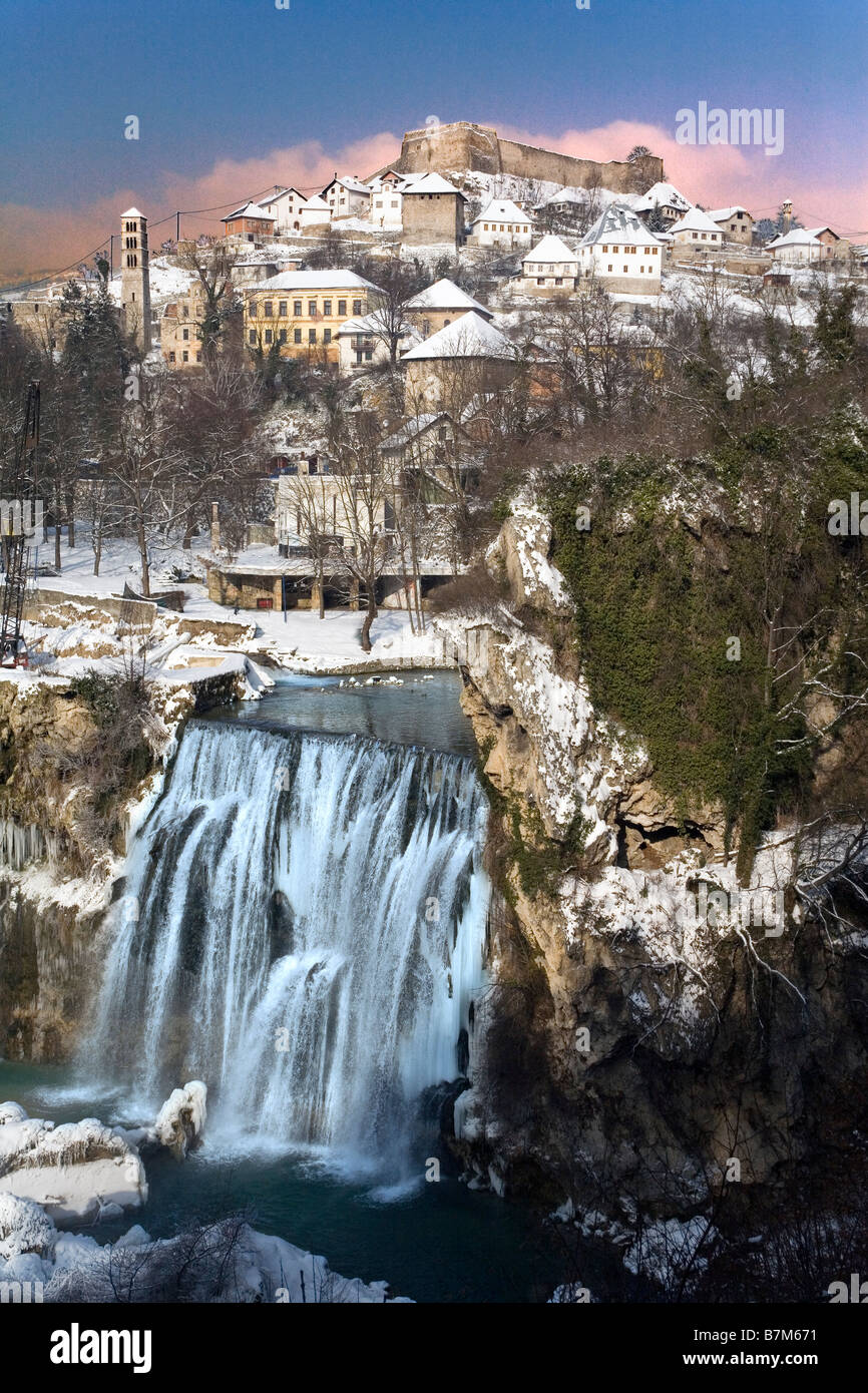Bosnia and Herzegovina medieval castle and old town of Jajce in winter ...