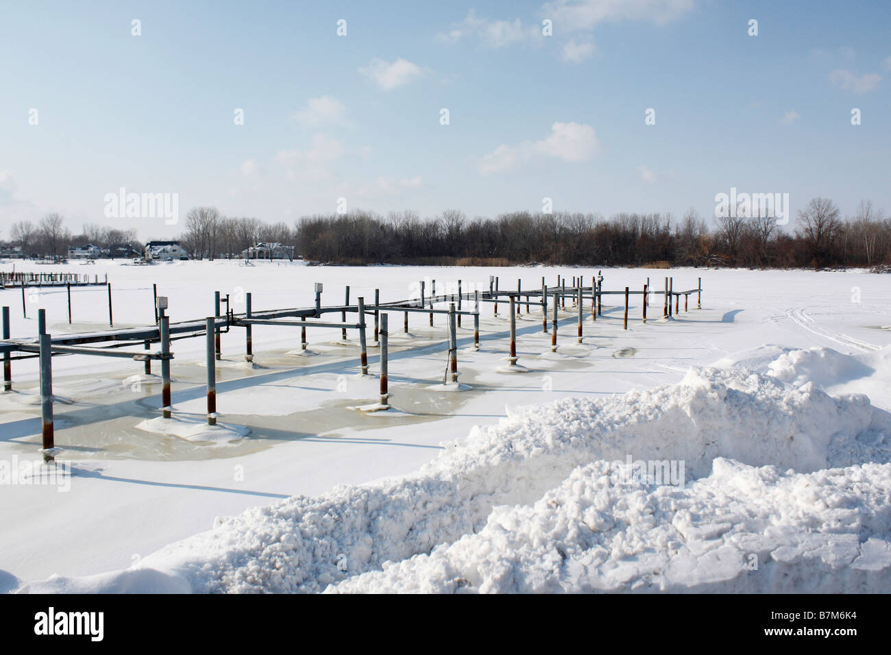 Winter landscape with a frozen lake Erie and snow drifts beautiful ...