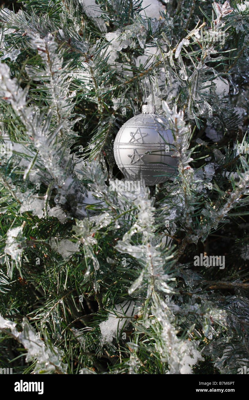 Christmas tree with one a silver ball ornaments outdoor decor in the ...