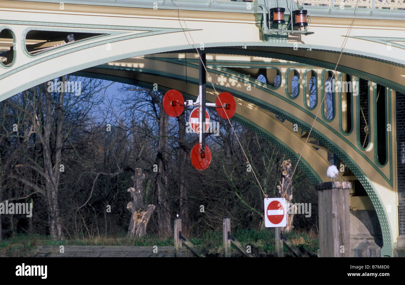 Stop signs on Richmond lock, telling boats that they cannot pass under ...