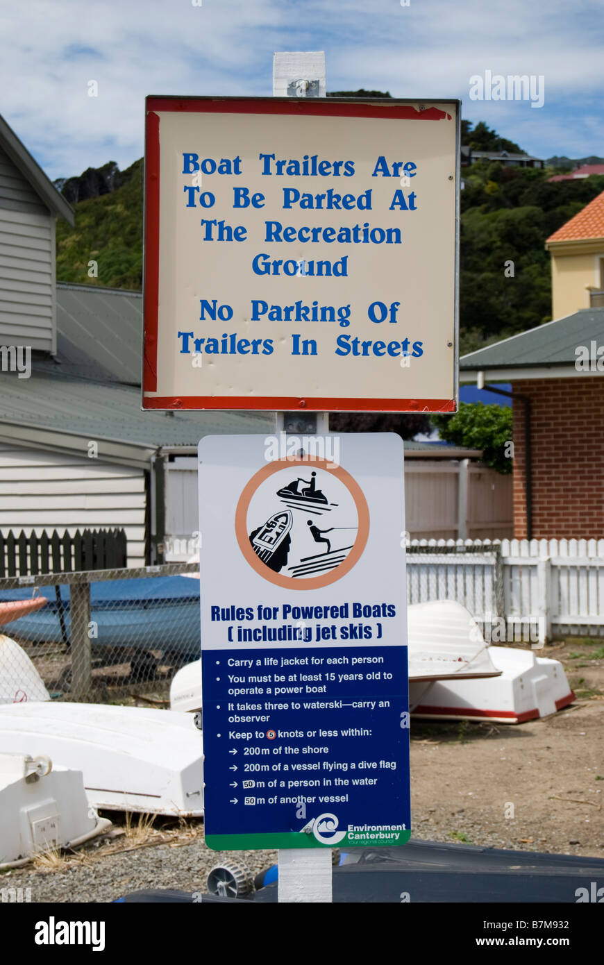 Boat trailer signs, Dalys Wharf, French Bay, Akaroa, Banks Peninsula ...