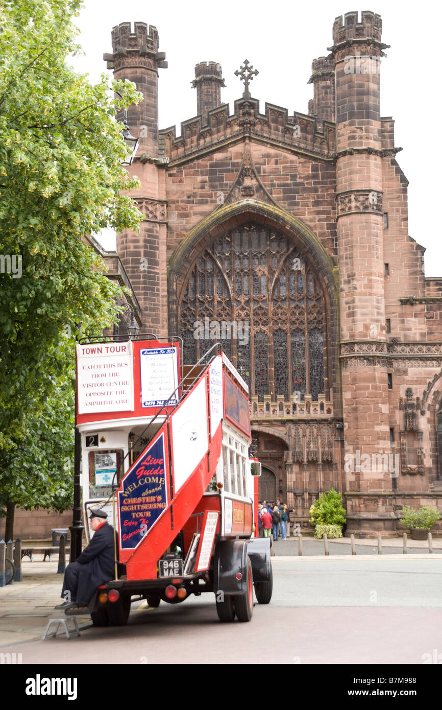 Old bus, the Pride of Chester, parked by the cathedral in the centre of ...