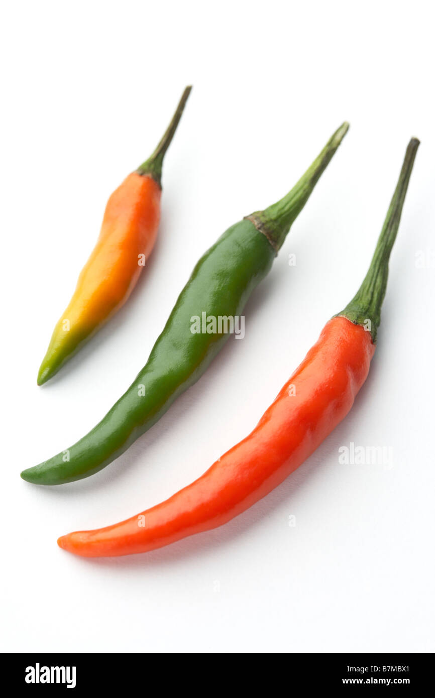Three small chillies one multi-coloured one green and one red Stock ...