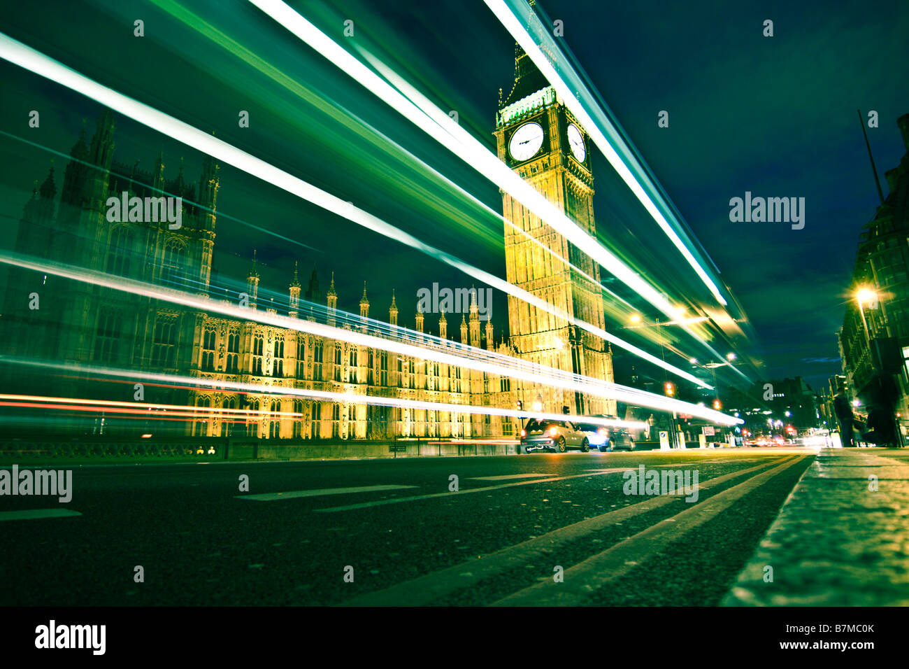 Nocturne scene with Big Ben behind light beams dark toned Stock Photo ...