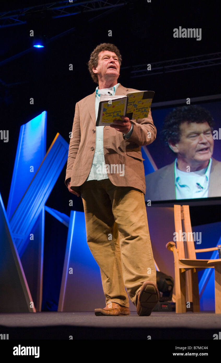 Brian Patten Liverpool poet reading his work on stage at Hay Festival ...