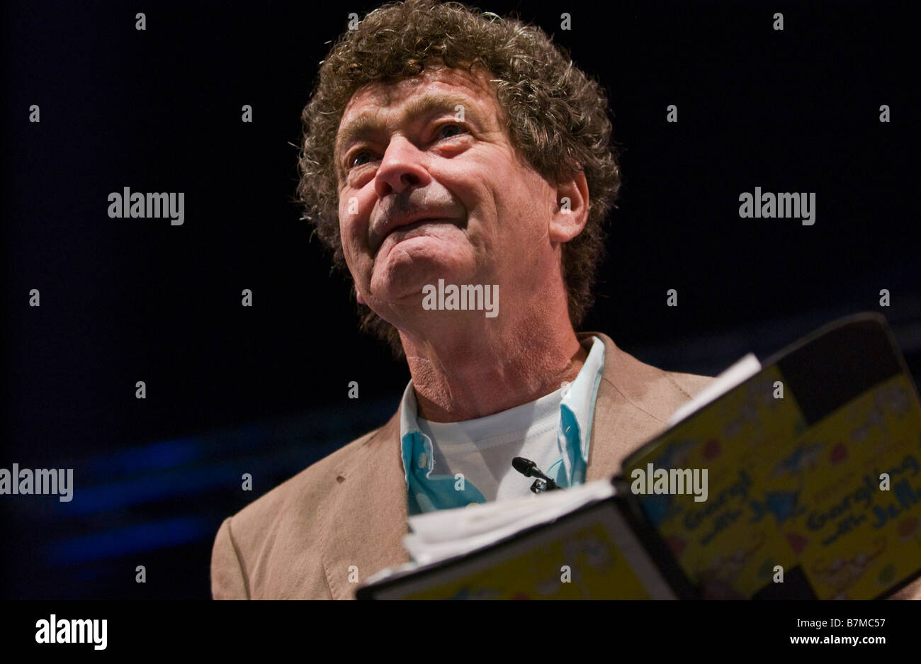 Brian Patten Liverpool poet reading his work on stage at Hay Festival ...