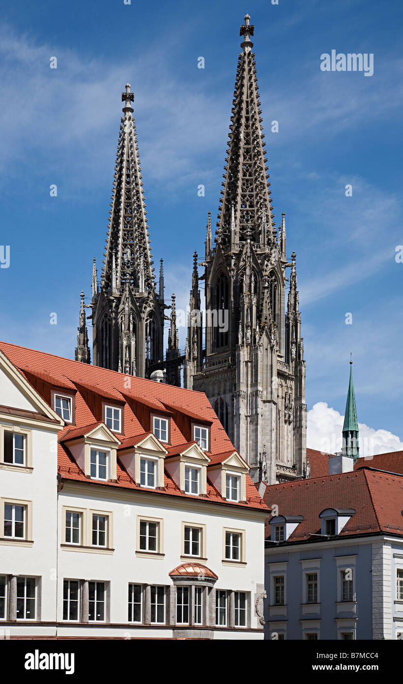 Cathedral spires behind buildings Regensburg Germany Stock Photo - Alamy