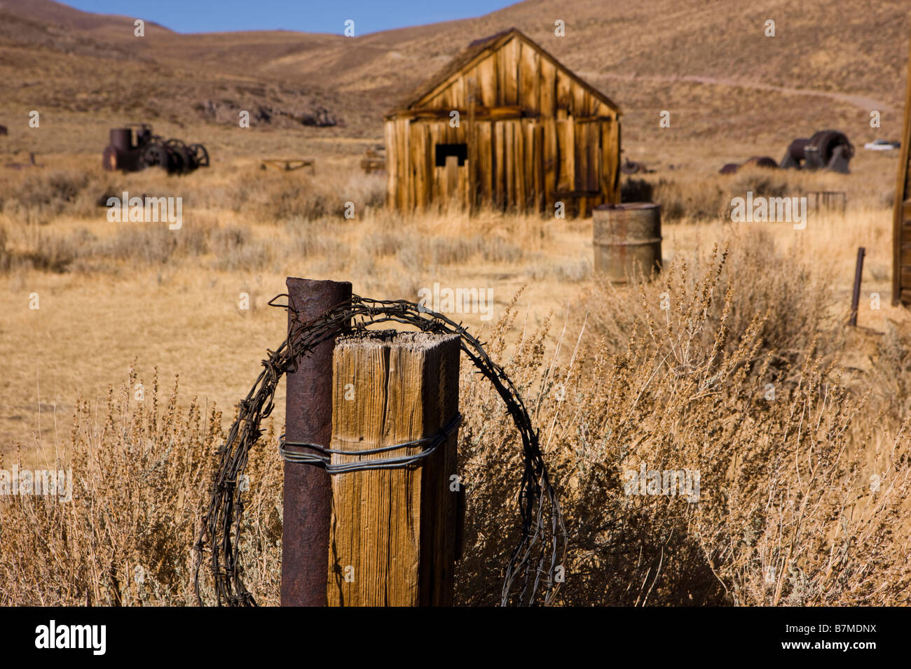 Barbed Wire on a Post in Bodie State Historical Park Stock Photo - Alamy