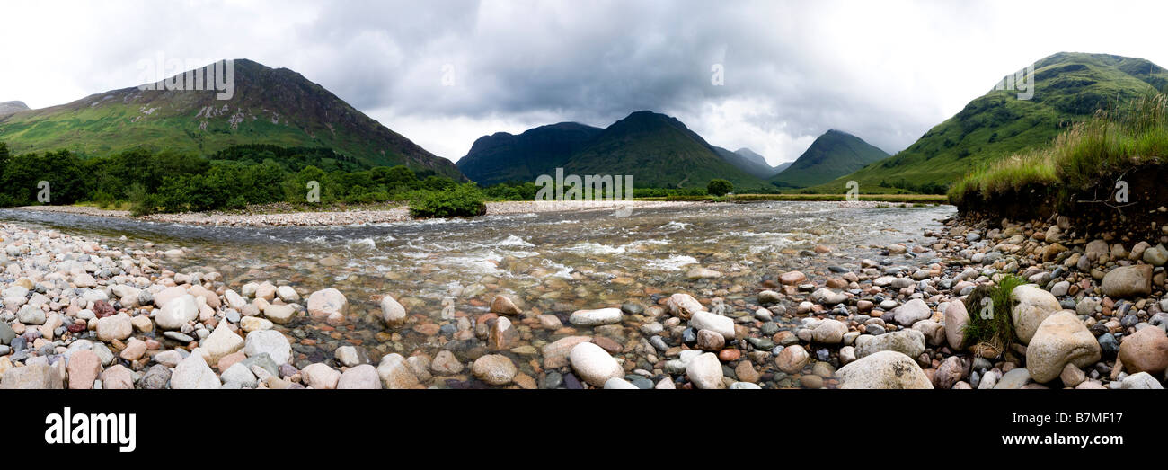 A panoramic view of the River Coe flowing out from the foot of Glen Coe ...