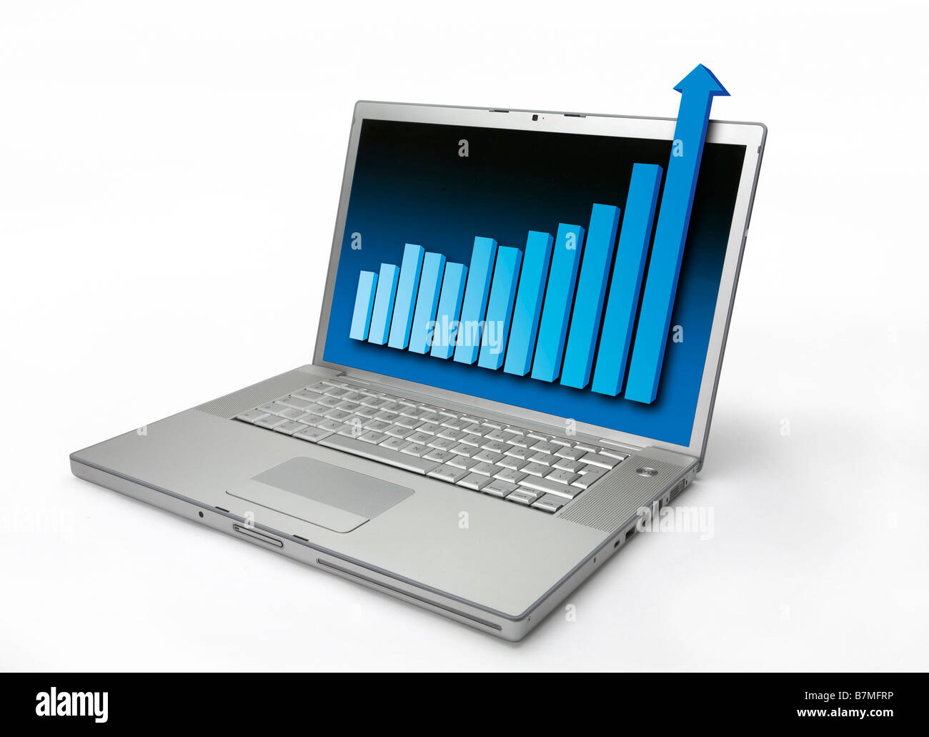 Laptop computer with superimposed blue bar chart indicating continuing ...