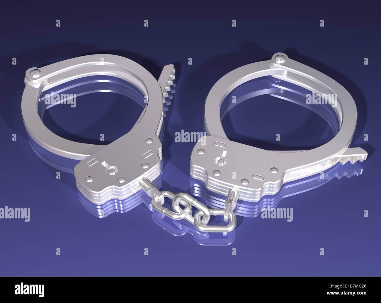 Illustration of a pair of silver handcuffs on a blue background Stock ...