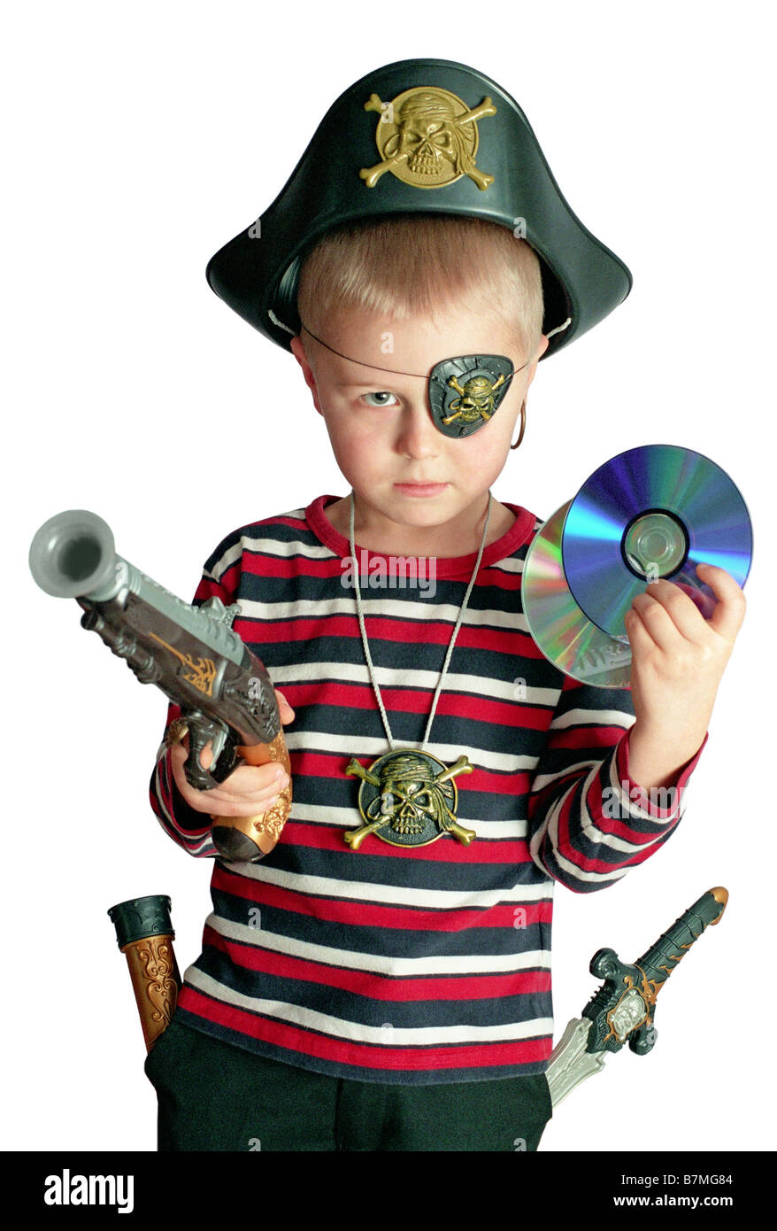 pirate boy holding CD, DVD disk Stock Photo - Alamy