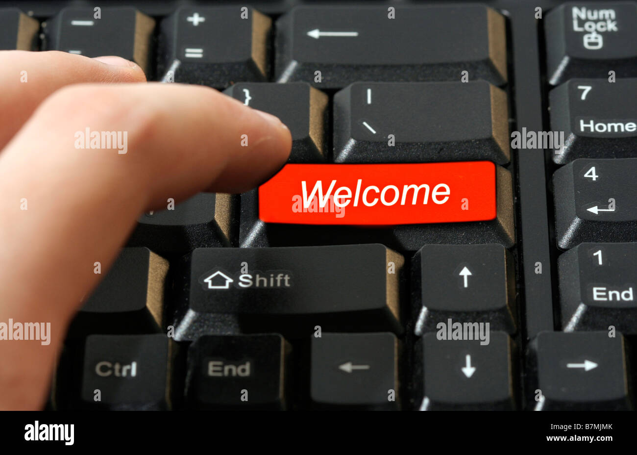 Close-up picture of a computer keyboard - red key welcome Stock Photo ...