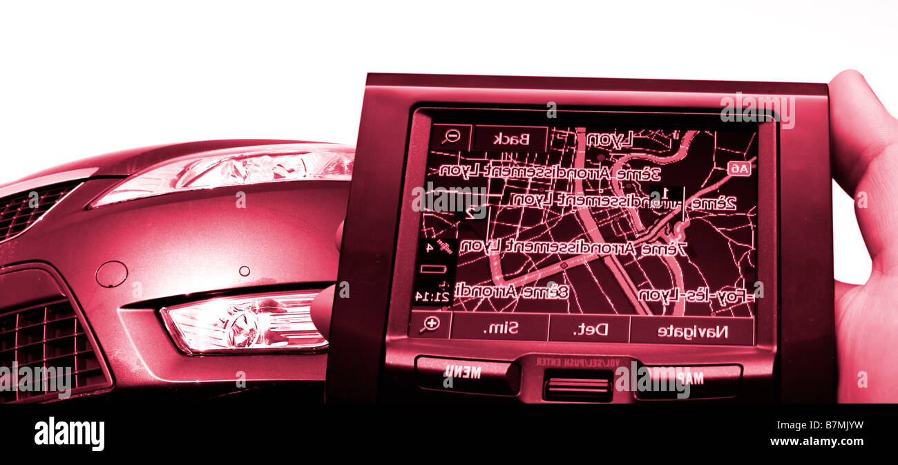 GPS Vehicle navigation system in a man hand Stock Photo - Alamy