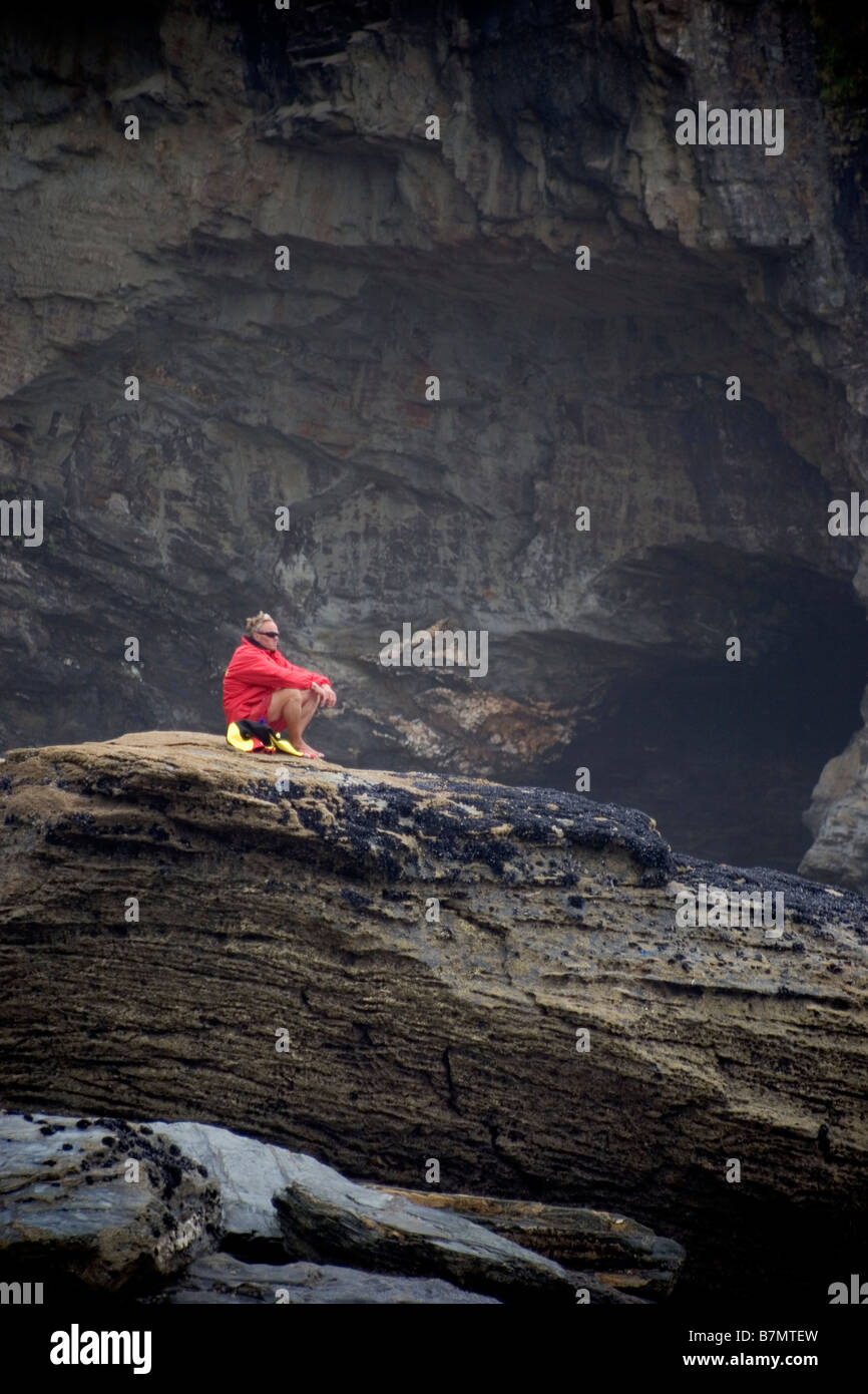 Lifeguard sitting watch over the beach at Trebawith Strand Stock Photo ...