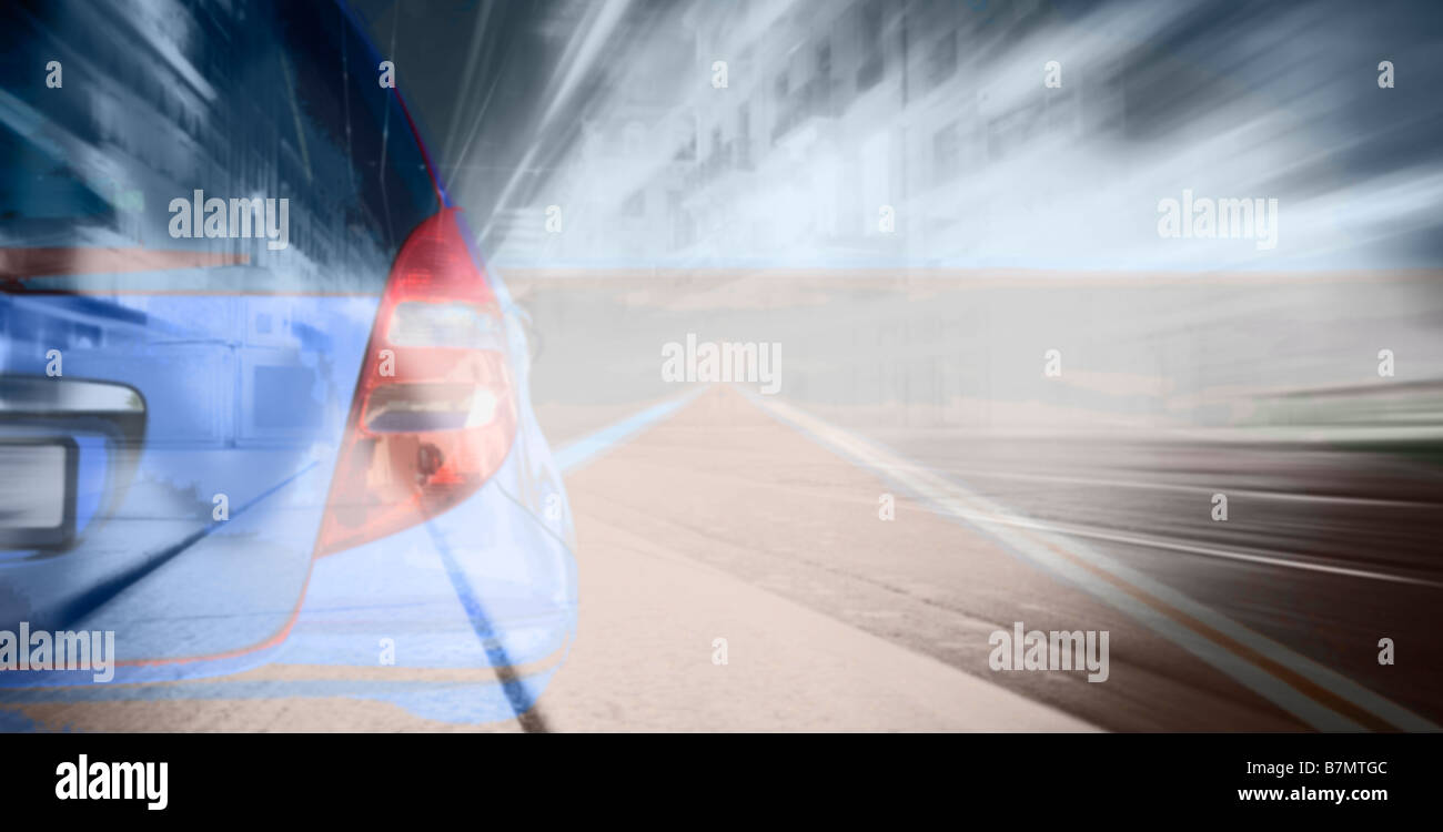 Blue car on the road Ray of light in the night Stock Photo - Alamy