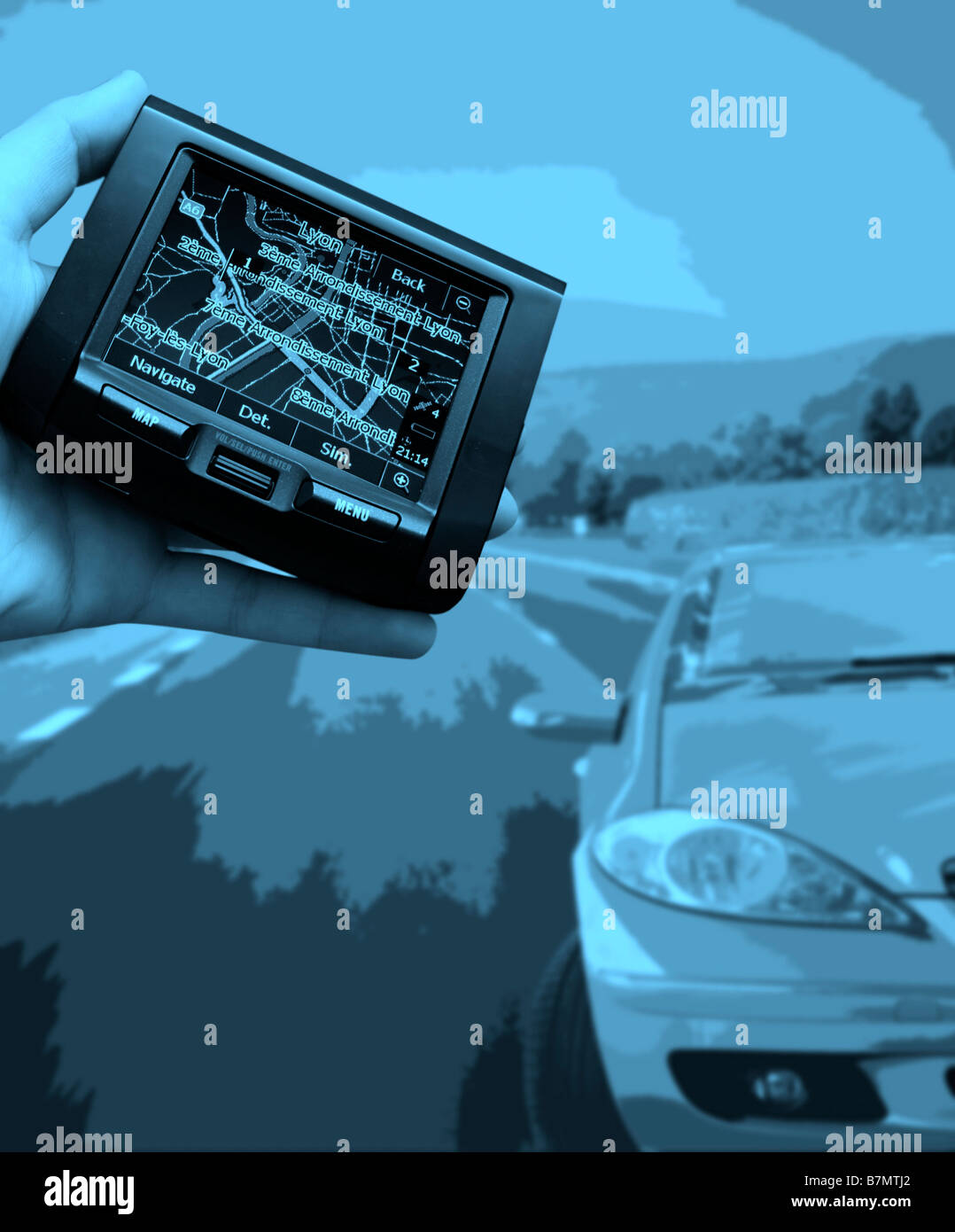 GPS Vehicle navigation system in a man hand Stock Photo - Alamy