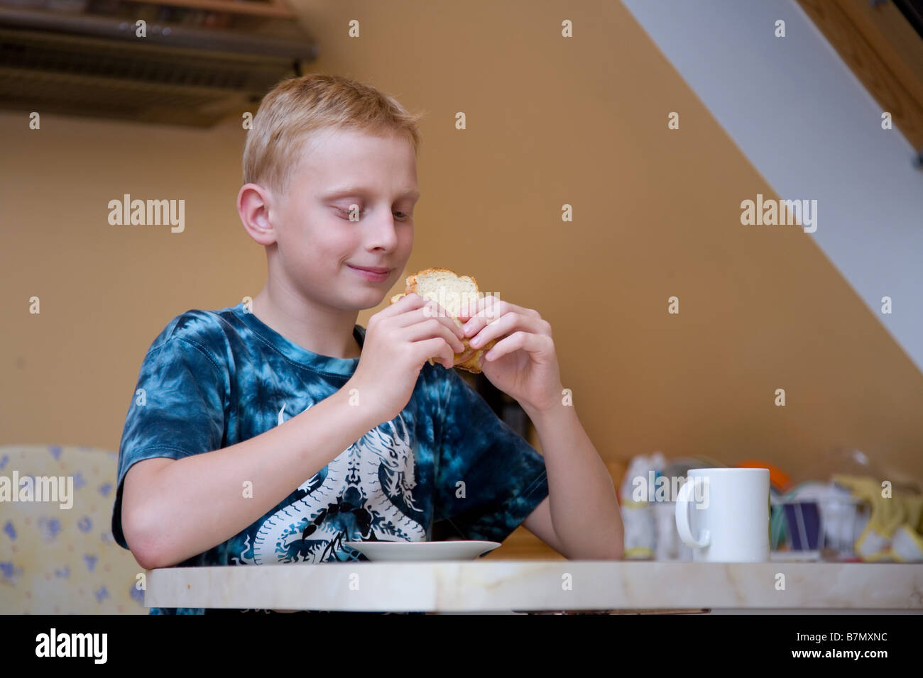Teenage Boy Eating Breakfast in Kitchen Stock Photo - Alamy