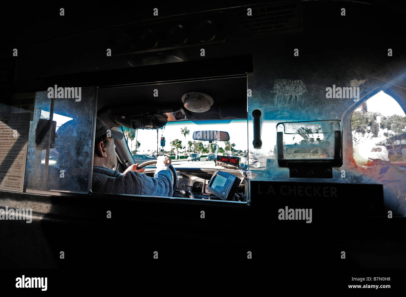 view from the back of a los angeles LA checker taxi cab looking through ...