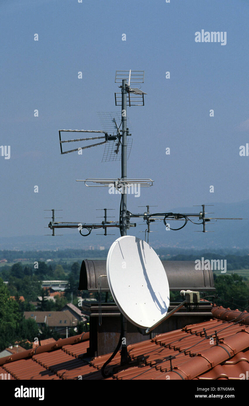 Aerial and satellite dish on the roof Stock Photo - Alamy