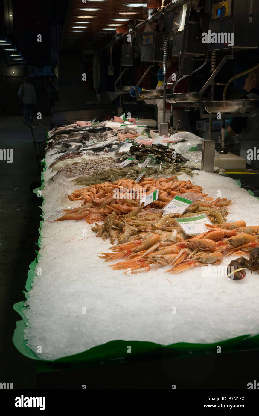 Fishmongers stall in La Boqueria market in Barcelona Spain Stock Photo ...