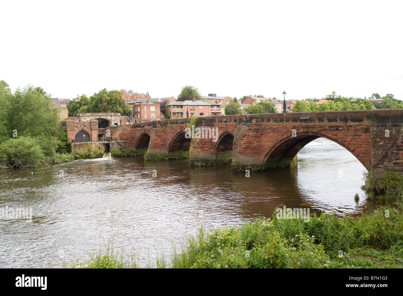 The old Dee Bridge a medieval crossing over the River Dee in Chester ...