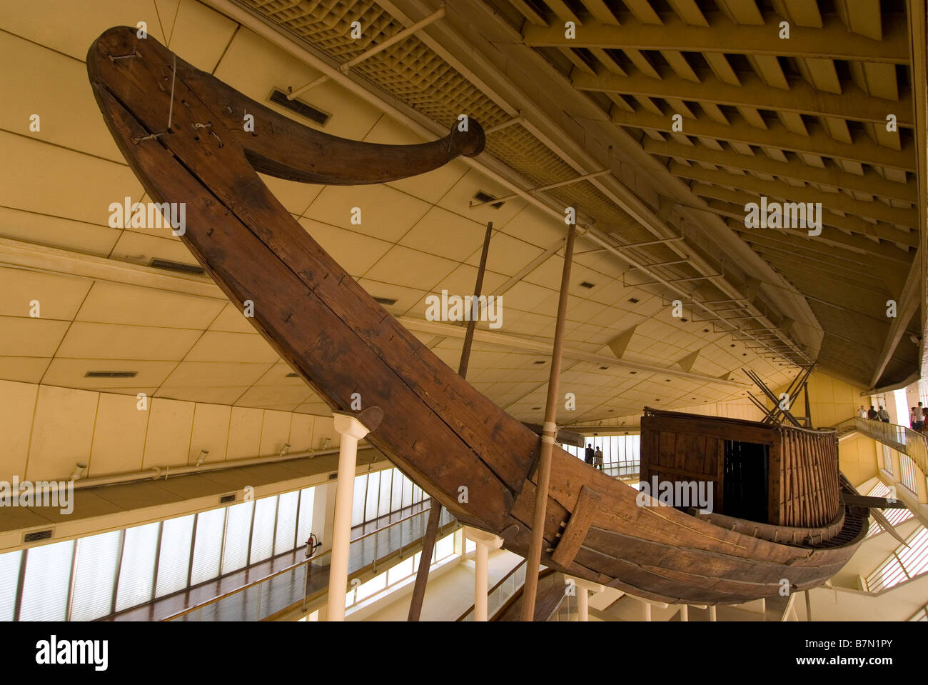 Ancient Egyptian boat on display at the Boat Museum near the Pyramids ...