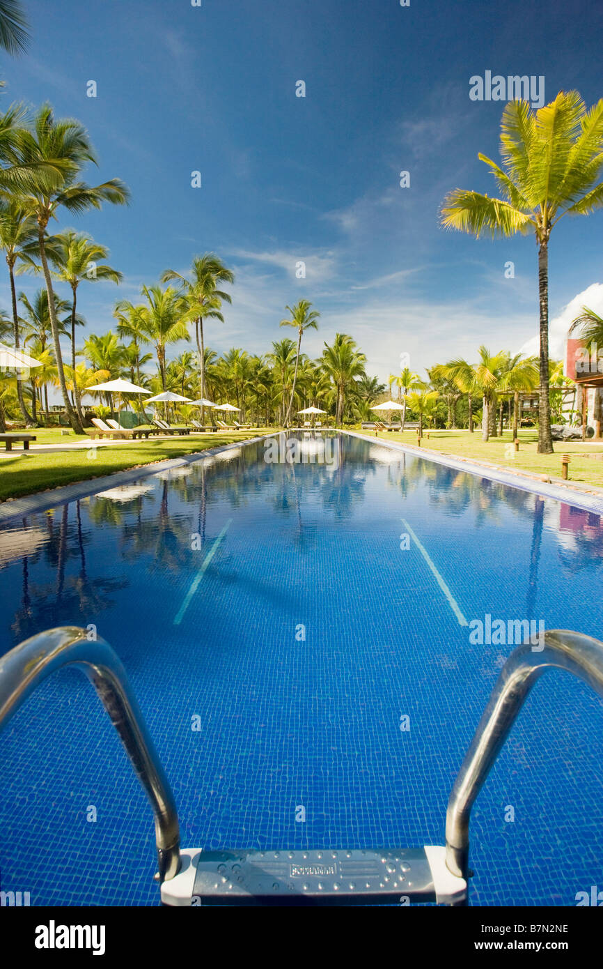 Large blue rectangular swimming pool in grounds of hotel in Brazil ...