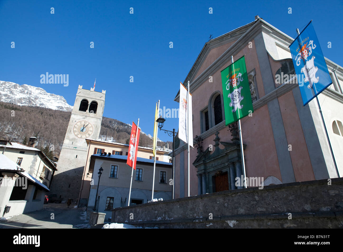 Bormio Piazza del kuerc with its church, Italy. Chiesa Collegiata dei ...