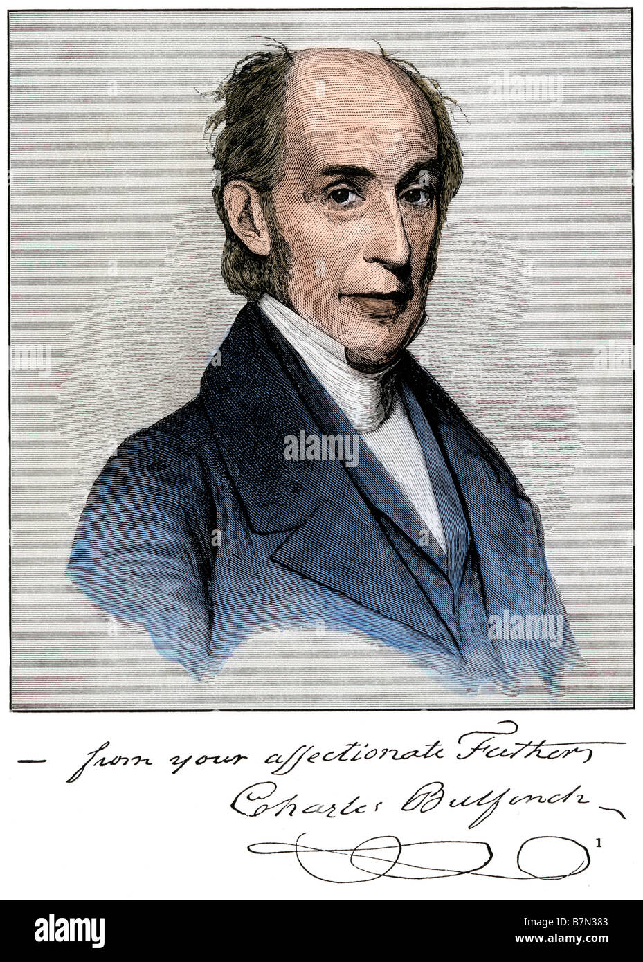 Architect Charles Bulfinch with his autograph. Hand-colored woodcut ...