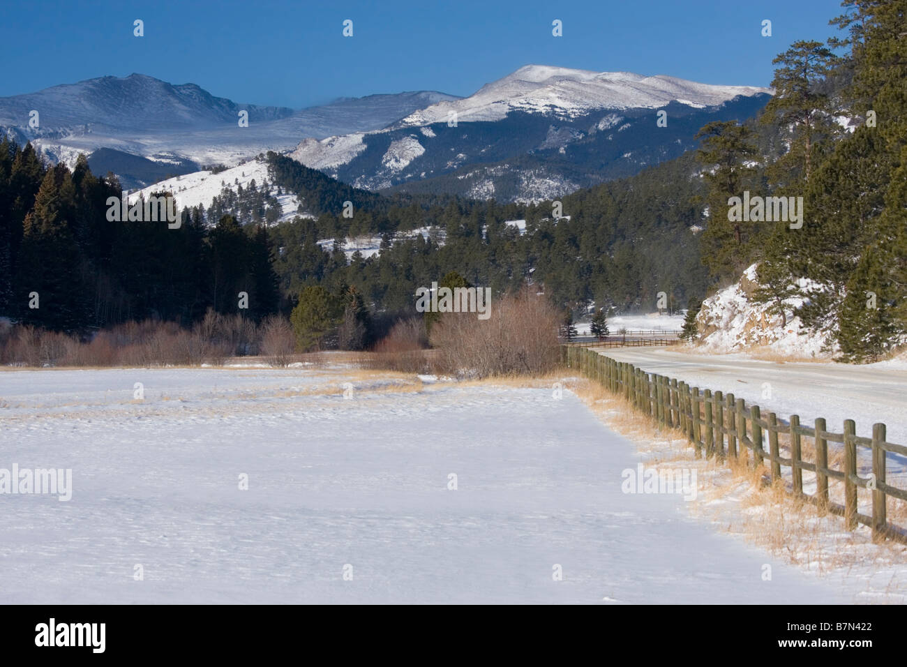 Ranch country at the base of 13000 foot snow capped Mount Evans ...