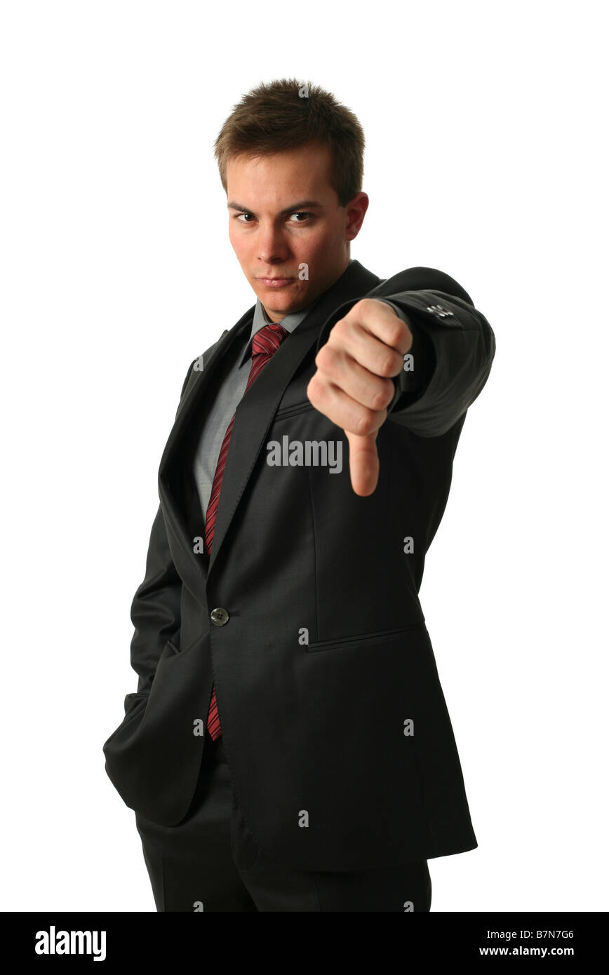 Young Businessmen making his thumb down isolated on white. Face in ...